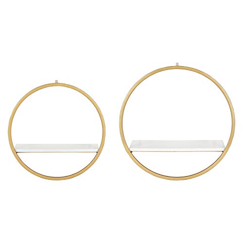 Kate and Laurel Wicks Modern Glam Floating Wall Shelf Set of 2 | Round Gold Metal Frame with White Painted Solid Wood Shelf Boards