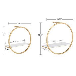 Kate and Laurel Wicks Modern Glam Floating Wall Shelf Set of 2 | Round Gold Metal Frame with White Painted Solid Wood Shelf Boards