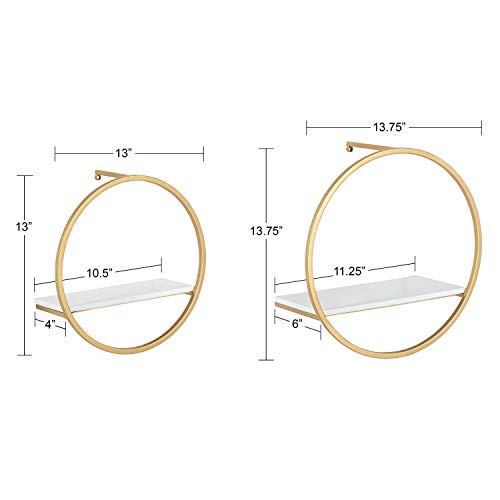 Kate and Laurel Wicks Modern Glam Floating Wall Shelf Set of 2 | Round Gold Metal Frame with White Painted Solid Wood Shelf Boards