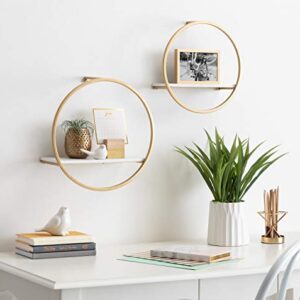 Kate and Laurel Wicks Modern Glam Floating Wall Shelf Set of 2 | Round Gold Metal Frame with White Painted Solid Wood Shelf Boards