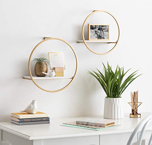 Kate and Laurel Wicks Modern Glam Floating Wall Shelf Set of 2 | Round Gold Metal Frame with White Painted Solid Wood Shelf Boards