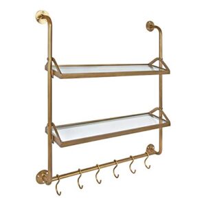 kate and laurel marit modern industrial wall shelf with metal pipe supports and glass shelves, gold