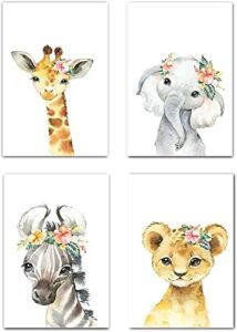 maria safari nursery decor, set of 4 unframed flower crown watercolor nursery wall art, jungle theme baby room decor, baby girls & boys nursery decor, woodland nursery decor (8 x10 inches)