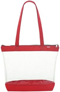 clear shoulder tote with zipper closure, red