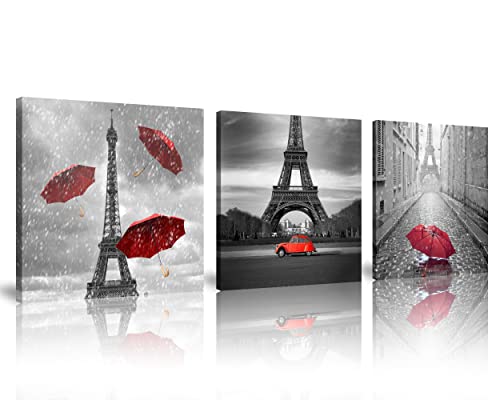 NAN Wind 3 Pcs Paris Canvas Prints Black and White Canvas with Red Umbrella Eiffel Tower Decor Red Car Red Wall Art Paintings on Canvas Stretched and Framed Ready to Hang for Home Decor