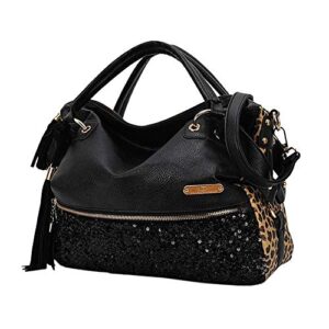 chikencall® leopard print handbag hobo style purse pu leather shoulder bag for women with tassel sequins