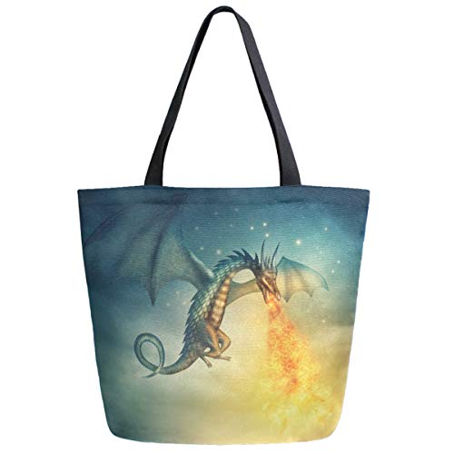 ZzWwR Flying Fantasy Dragon Spray Fire Large Canvas Shoulder Tote Top Handle Bag for Gym Beach Travel Shopping