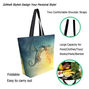 ZzWwR Flying Fantasy Dragon Spray Fire Large Canvas Shoulder Tote Top Handle Bag for Gym Beach Travel Shopping