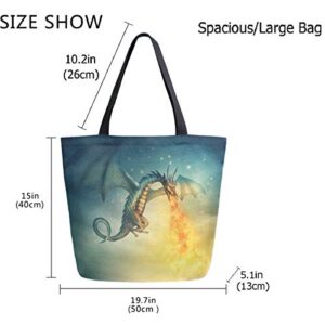 ZzWwR Flying Fantasy Dragon Spray Fire Large Canvas Shoulder Tote Top Handle Bag for Gym Beach Travel Shopping