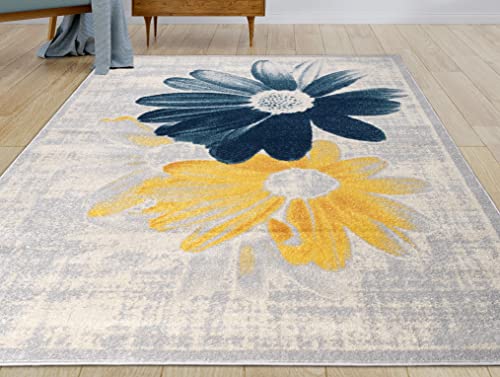 Ladole Rugs Contemporary Floral Pattern Area Rug Living Room Bedroom Entrance Hallway Carpet in Teal Yellow 5x8 (5'3" x 7'6" 160cm x 230cm) 5x7 8x10 9x12 2x10 4x6 feet