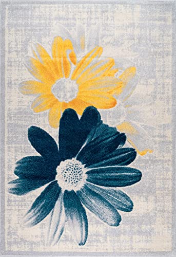 Ladole Rugs Contemporary Floral Pattern Area Rug Living Room Bedroom Entrance Hallway Carpet in Teal Yellow 5x8 (5'3" x 7'6" 160cm x 230cm) 5x7 8x10 9x12 2x10 4x6 feet