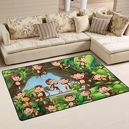 WellLee Animal Area Rug,Monkeys Family Forest Floor Rug Non-Slip Doormat for Living Dining Dorm Room Bedroom Decor 60x39 Inch