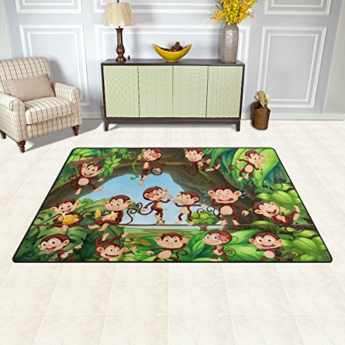 WellLee Animal Area Rug,Monkeys Family Forest Floor Rug Non-Slip Doormat for Living Dining Dorm Room Bedroom Decor 60x39 Inch