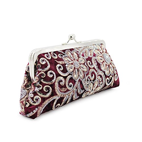 Kingluck The Evening Bags Women Clutch Bags embroidering Wedding Bridal Handbag Pearl Beaded Lace Rose Fashion Rhinestone Bags (red)