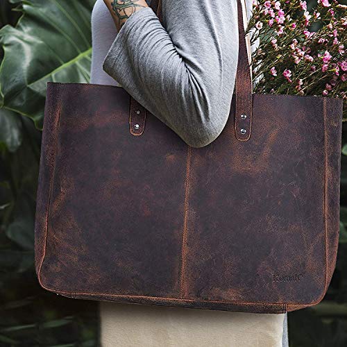 KomalC Leather Shoulder Bag Tote for Women Purse Satchel Travel Bag shopping Carry Messenger Multipurpose Handbag (18.5 INCH, Buffalo Distressed Tan)