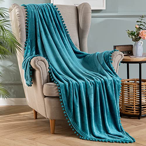 MIULEE Fleece Blanket with Pompom Fringe, Soft Cozy Lightweight Flannel Bed Blanket Fuzzy Plush Warm Teal Blanket Decorative Tassel for Couch Sofa, Throw Size 50"x60", Turquoise Blue