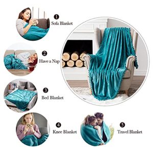 MIULEE Fleece Blanket with Pompom Fringe, Soft Cozy Lightweight Flannel Bed Blanket Fuzzy Plush Warm Teal Blanket Decorative Tassel for Couch Sofa, Throw Size 50"x60", Turquoise Blue