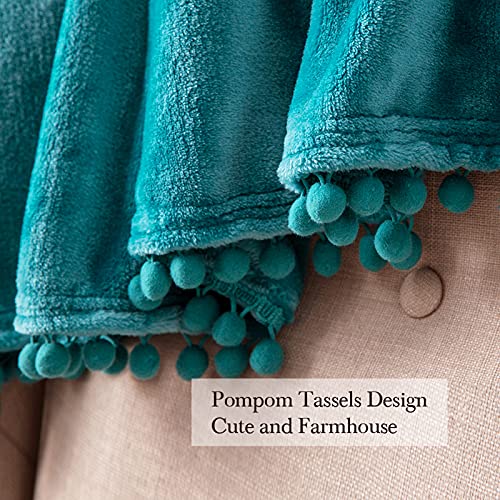 MIULEE Fleece Blanket with Pompom Fringe, Soft Cozy Lightweight Flannel Bed Blanket Fuzzy Plush Warm Teal Blanket Decorative Tassel for Couch Sofa, Throw Size 50"x60", Turquoise Blue