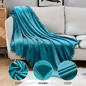 MIULEE Fleece Blanket with Pompom Fringe, Soft Cozy Lightweight Flannel Bed Blanket Fuzzy Plush Warm Teal Blanket Decorative Tassel for Couch Sofa, Throw Size 50"x60", Turquoise Blue