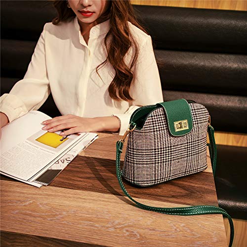 Mn&Sue Elegant Women's Plaid Tweed Fabric Shoulder Handbag Satchel Shell Shape Lady Purse Evening Bag (Style A Green)