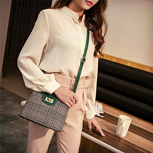 Mn&Sue Elegant Women's Plaid Tweed Fabric Shoulder Handbag Satchel Shell Shape Lady Purse Evening Bag (Style A Green)