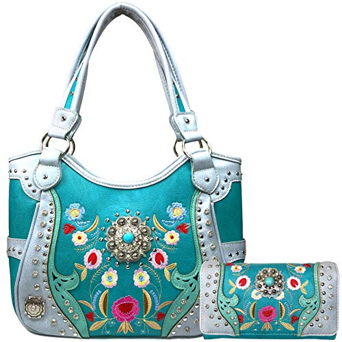 Embroidered Floral Laser Cut Turquoise Rhinestone Concho Concealed Carry Tote Hobo Purse Wallet Set (Turquoise)