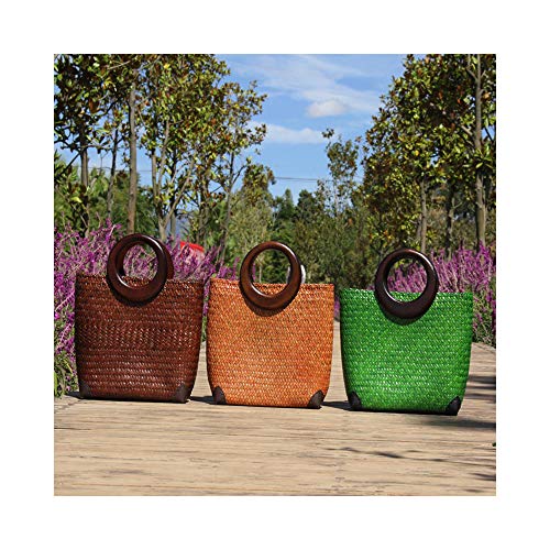 QTKJ Hand-woven Womens Straw Large Boho Handbag Bag for Women, Summer Beach Rattan Tote Travel Bag with Wood Round Top Handle (Khaki 1)