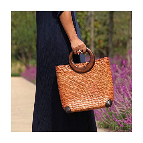 QTKJ Hand-woven Womens Straw Large Boho Handbag Bag for Women, Summer Beach Rattan Tote Travel Bag with Wood Round Top Handle (Khaki 1)