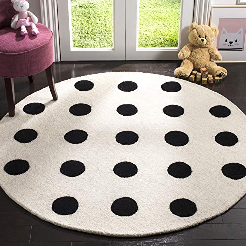 SAFAVIEH Kids Collection 5' Round Ivory / Black SFK904D Handmade Polka Dot Wool Area Rug