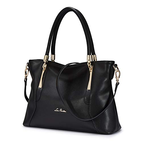 Cow Leather Tote Handbags for Women Pocketbooks Top-handle Bags Ladies Medium-sized Zipper Purses (Black)