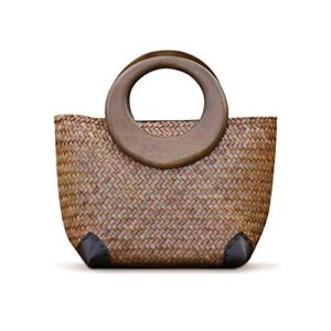 qtkj hand-woven womens straw boho handbag bag for women, summer beach rattan tote travel bag with wood round top handle (khaki 2)