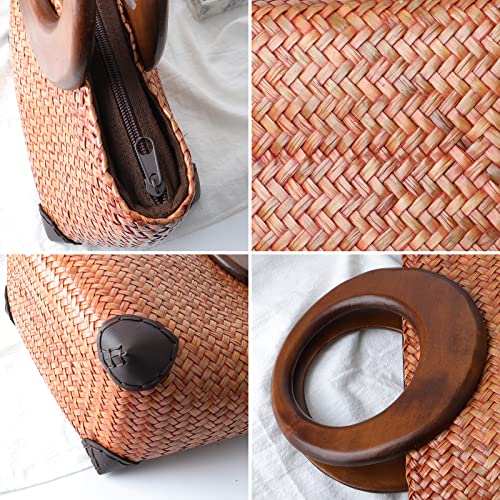 QTKJ Hand-woven Womens Straw Boho Handbag Bag for Women, Summer Beach Rattan Tote Travel Bag with Wood Round Top Handle (Khaki 2)