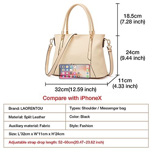 LAORENTOU Cow Leather Handbags for Women Top-handle Bags Purse Ladies Leather Satchel Shoulder Bags (Beige)