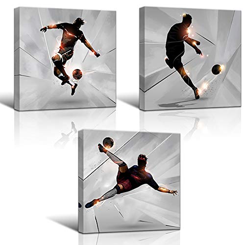 KLVOS Soccer Wall Art Prints Boy Room Sports Theme Decor Stretched and Gallery Wrap Modern Home Decoration for Man Cave Bedroom Ready to Hang - 12x12inchx3 Panel