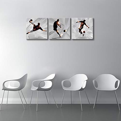 KLVOS Soccer Wall Art Prints Boy Room Sports Theme Decor Stretched and Gallery Wrap Modern Home Decoration for Man Cave Bedroom Ready to Hang - 12x12inchx3 Panel