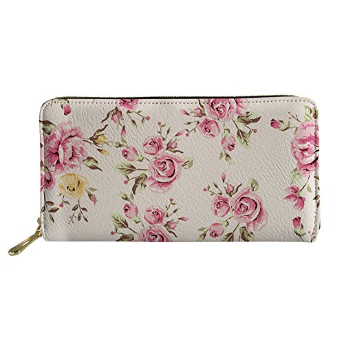 Alemiu Womens Travel Casual Leather Wallets Long Style Outdoor Purse Clutch Handbag Zip Around Pink Floral Printed