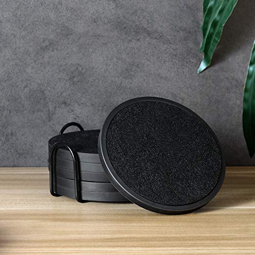 Absorbent Coasters for Drinks with Holder - 6packs, Silicone Coasters with Soft Felt Insert, Black (Coasters with Holder, Black)