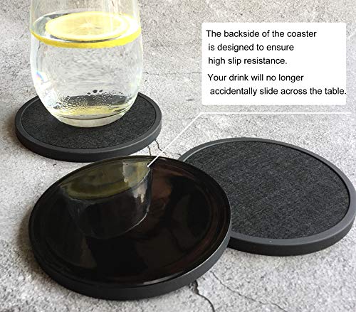 Absorbent Coasters for Drinks with Holder - 6packs, Silicone Coasters with Soft Felt Insert, Black (Coasters with Holder, Black)