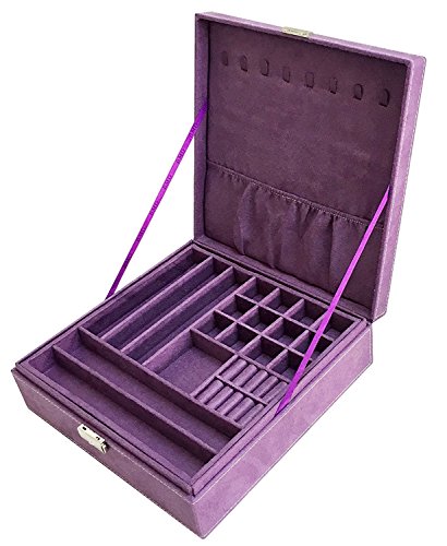 Sodynee® Purple Two-Layer Lint Jewelry Box Organizer Display Storage Case with Lock