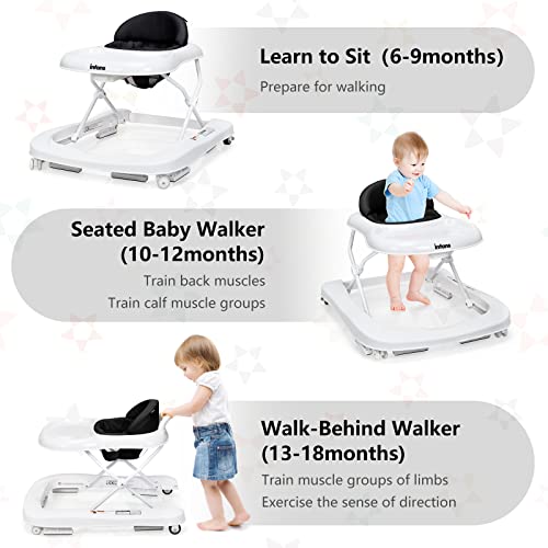 INFANS Foldable Baby Walker, 3 in 1 Toddler Walker Learning-Seated Walk-Behind for Boys and Girls, Adjustable Speed Rear Wheels, Safety Bumper, Detachable Seat Cover, Anti-Rollover (Black)