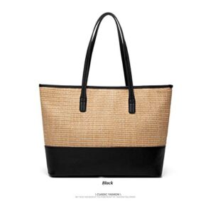 Yoofashion Straw Tote Bag for Women Shoulder Bag Summer Beach Bag Girls Fashion Top Handle Handbag (A110-black)