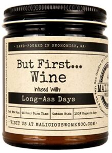 malicious women candle co – but first.wine, cabernet all day (sweet red wine) infused with long-ass days, all-natural soy candle, 9 oz