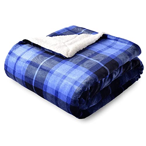 SOCHOW Sherpa Plaid Fleece Throw Blanket, Double-Sided Super Soft Luxurious Bedding Blanket 50 x 60 inches, Blue