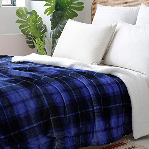 SOCHOW Sherpa Plaid Fleece Throw Blanket, Double-Sided Super Soft Luxurious Bedding Blanket 50 x 60 inches, Blue