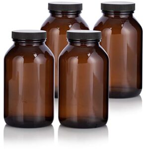 Amber 17 oz Wide Mouth Glass Packer Bottle with Black Ribbed Lid (4 pack)