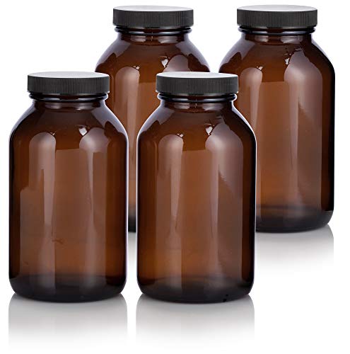 Amber 17 oz Wide Mouth Glass Packer Bottle with Black Ribbed Lid (4 pack)