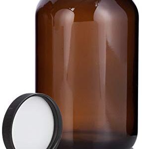 Amber 17 oz Wide Mouth Glass Packer Bottle with Black Ribbed Lid (4 pack)