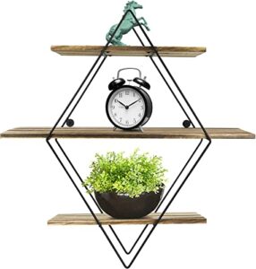 greenco geometric diamond shaped 3 tier mounted floating shelves, rustic wood wall storage shelves for bedroom, living room, bathroom, kitchen, office, natural finish