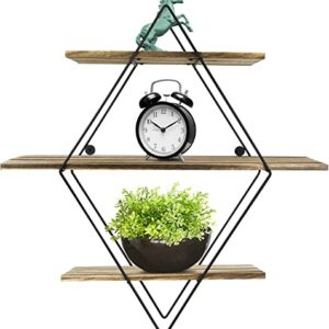 Greenco Geometric Diamond Shaped 3 Tier Mounted Floating Shelves, Rustic Wood Wall Storage Shelves for Bedroom, Living Room, Bathroom, Kitchen, Office, Natural Finish