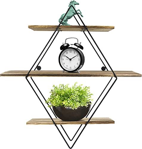 Greenco Geometric Diamond Shaped 3 Tier Mounted Floating Shelves, Rustic Wood Wall Storage Shelves for Bedroom, Living Room, Bathroom, Kitchen, Office, Natural Finish